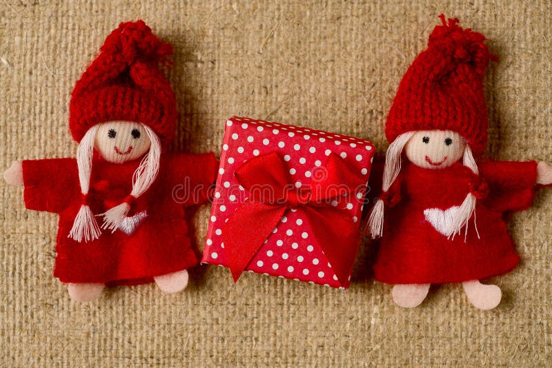 Two Cute Tiny Cloth Dolls With A Gift Box Stock Photo - Image of giving ...