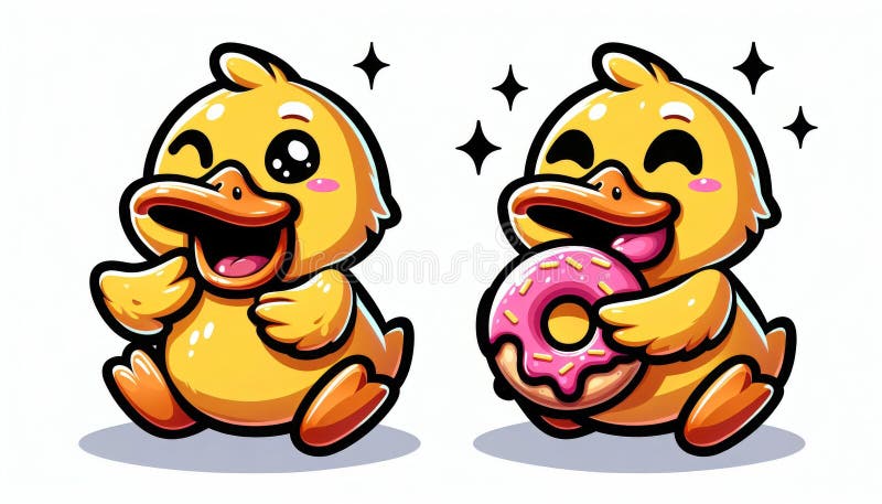 Two Cute Yellow Cartoon Ducks Enjoying Donuts Pixel Art Stock ...