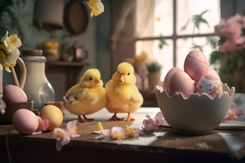Two Cute Yellow Little Easter Chicks on a Table Top in a Cozy Home with ...