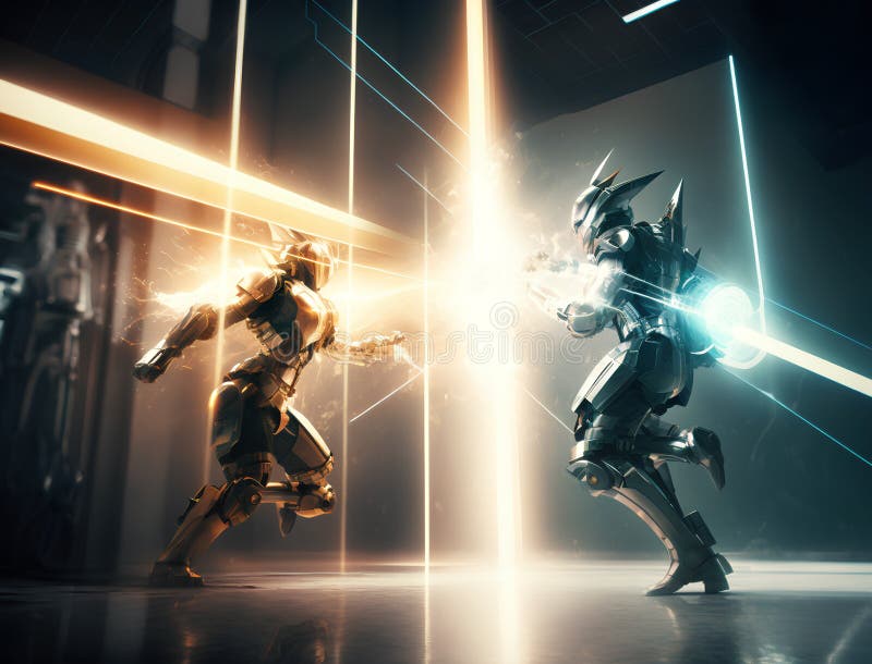 Two Cyborgs Fighting in Dark Corridor with Glowing Lights. 3D Rendering ...