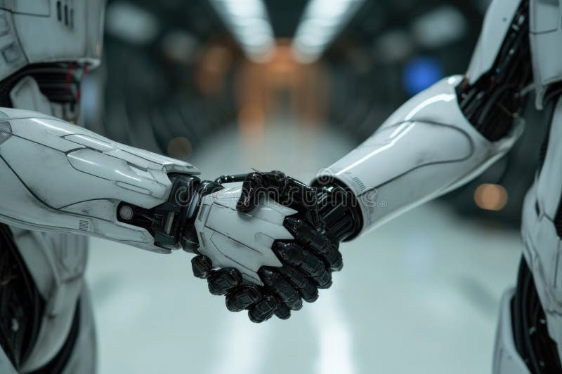 Two Cyborgs Shake Hands, Human Interaction with AI Stock Illustration ...