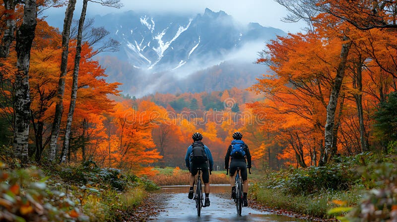 Two Cyclists Ride through a Forest with Vibrant Fall Foliage and Snow ...