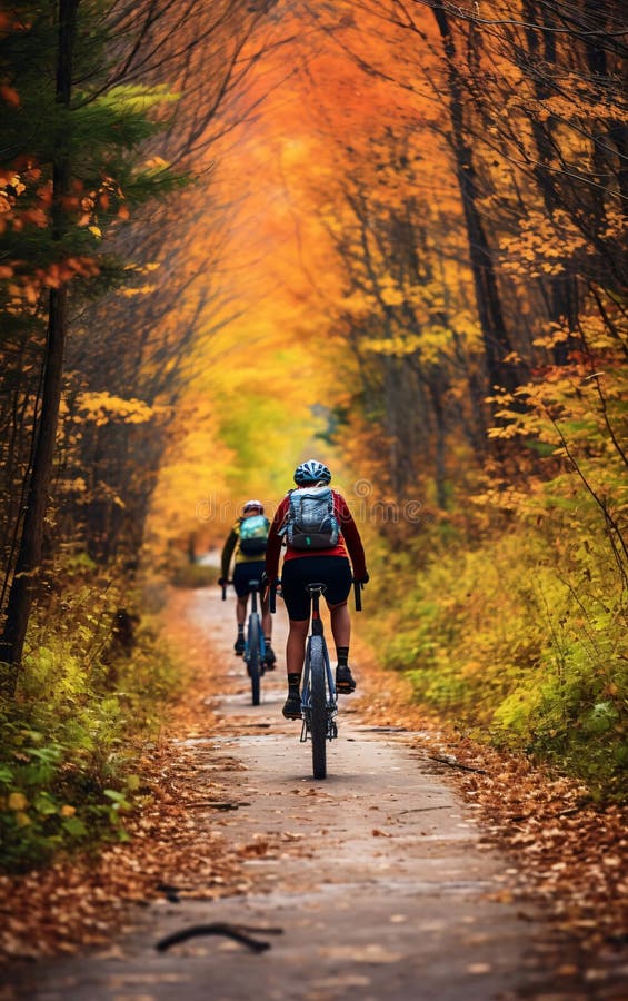 Two Cyclists Riding Along an Autumn Forest Road, Back View, Wellness ...