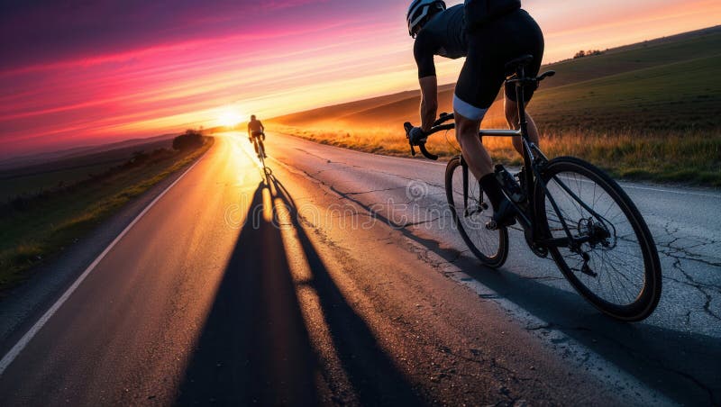Two Cyclists Riding Road Bikes on Scenic Road at Sunset Stock ...