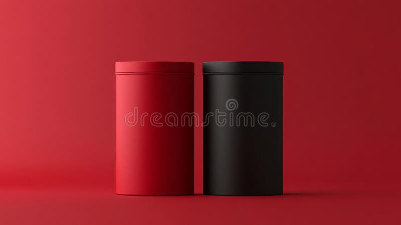 Two Cylindrical Containers Red and Black Against a Red Studio ...
