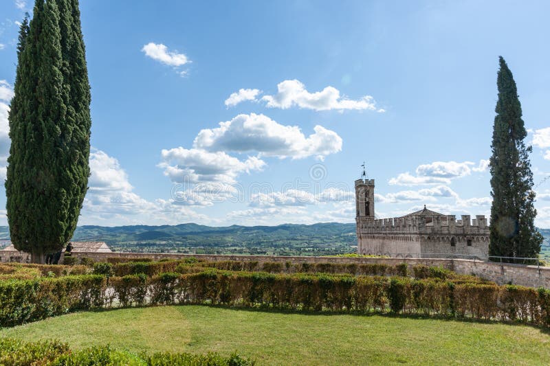Two Cypress Trees and Old Fort in Landscape Stock Image - Image of blue ...
