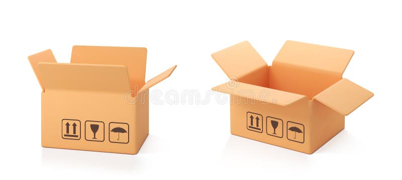 Two 3D Cardboard Open Box Isolated on White Background. Delivery Cargo ...