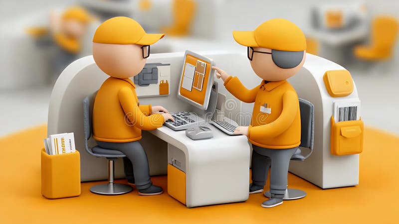Two 3D Cartoon Delivery Men Working at Computer Desk in Office Stock ...
