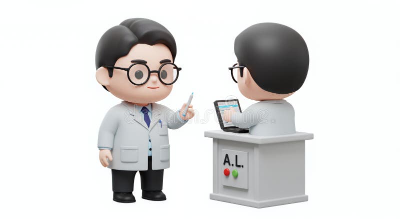 Two 3D Chibi Male Radiologic Technologists with Stylus and Computer ...