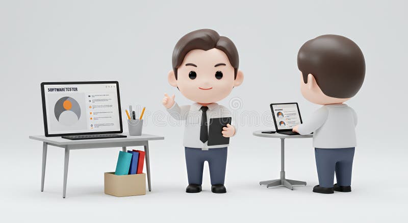 Two Chibi Software Testers Present Data on Laptops and Desktop Computer ...