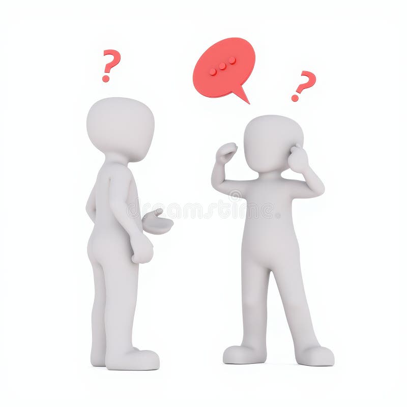 Two 3D Figures in a Confused Discussion with Question Marks Above Their ...