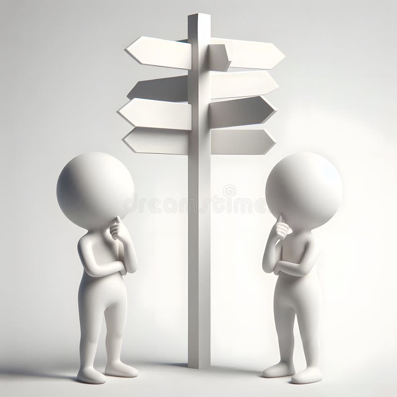 Two 3D Figures Stand Thoughtfully beside a Signpost with Blank Arrows ...