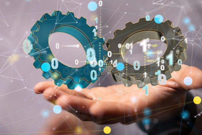 Two 3d Gears with Binary Numbers Hovering Above the Person S Hand ...