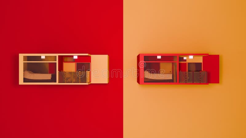 Two 3D Modules with Bed and Balcony on Split Red and Yellow Background ...