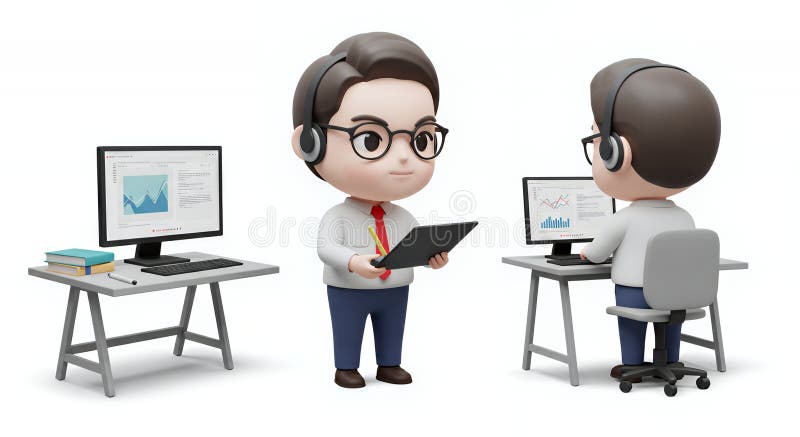 Two 3D Rendered Cartoon Businessmen Working with Data Charts on ...