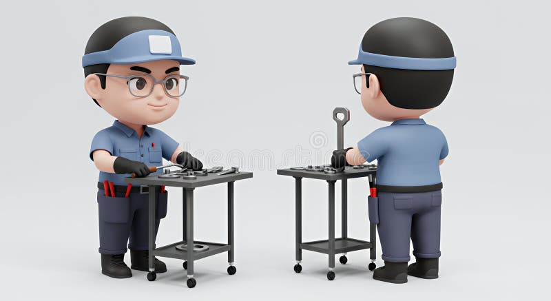 Two Playful 3D Rendered Cartoon Mechanics in Blue Uniforms at Tool ...