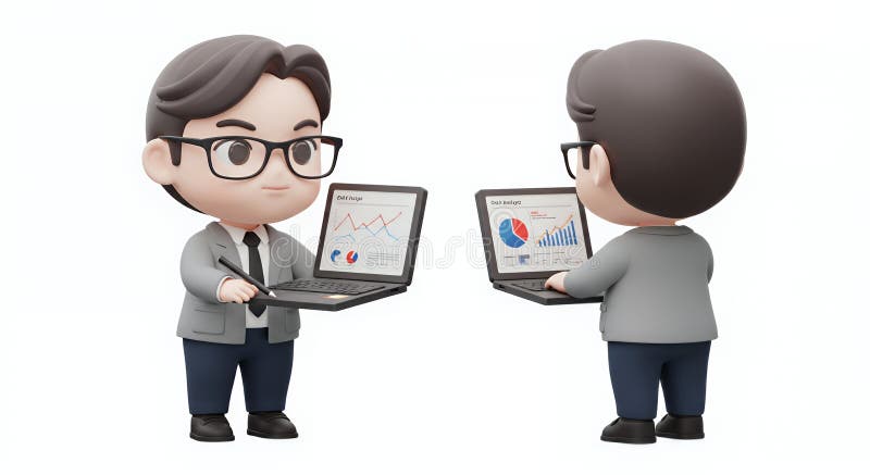 Two Cute 3D Rendered Chibi Data Analysts in Grey Suits Holding Laptops ...