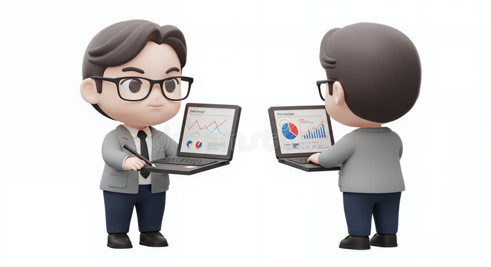 Two Cute 3D Rendered Chibi Data Analysts in Grey Suits Holding Laptops ...