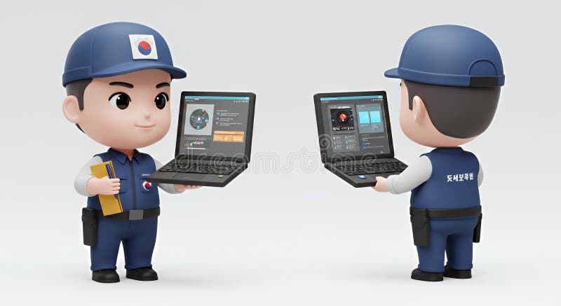 Two Cute 3D Rendered Chibi Security System Installers with Laptops ...