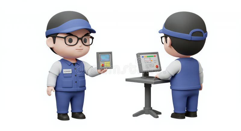 Two 3D Rendered Chibi Machine Operators in Blue Uniforms Isolated on ...