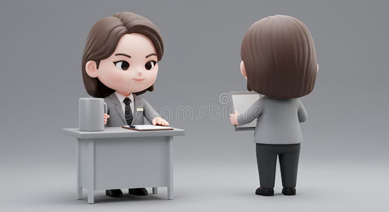 Two 3D Rendered Chibi Korean Hostess and Guest in Formal Gray Attire ...