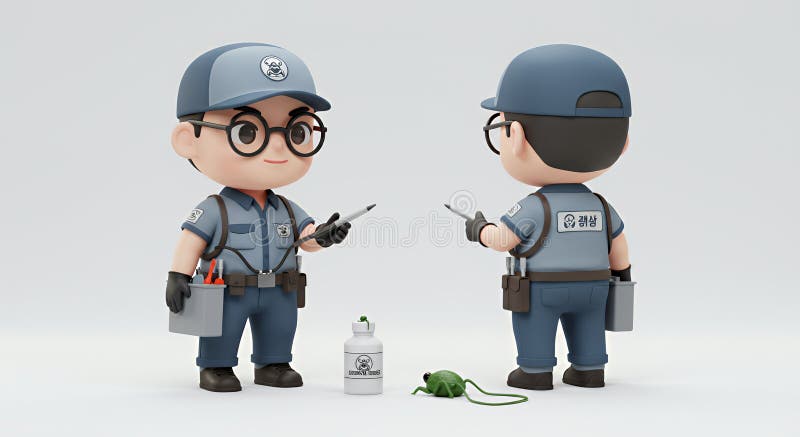Two Cute Chibi-Style Technicians with Pest Control Equipment Isolated ...