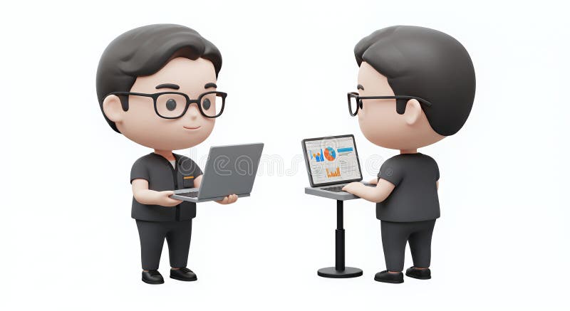 Two Chibi FullStack Developers Working on Laptops Isolated on White ...