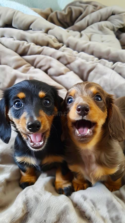 Two Dachshund Puppies are Sitting on a Bed Stock Photo - Image of ...