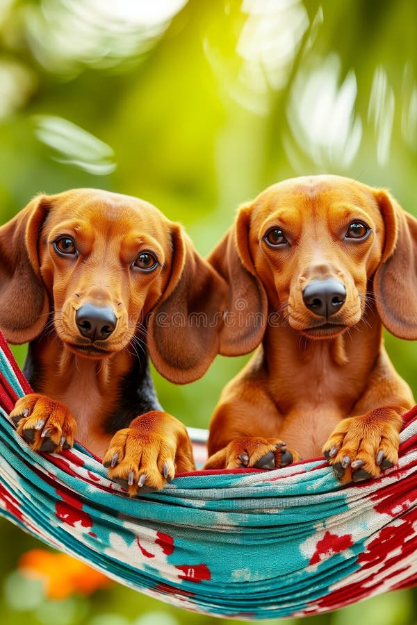 Two Dachshunds in a Hammock Stock Photo - Image of together, pattern: 381938062
