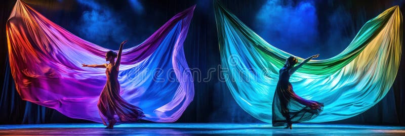 Two Dancers Perform on Stage with Colorful Fabric Flowing Behind Them ...