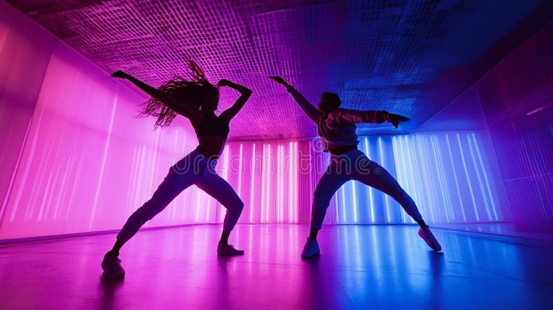 Two Dancers Performing in a Room with Pink and Blue Neon Lights Stock ...