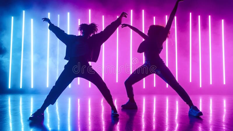 Two Dancers Performing on Stage with Neon Lights in Background Stock ...
