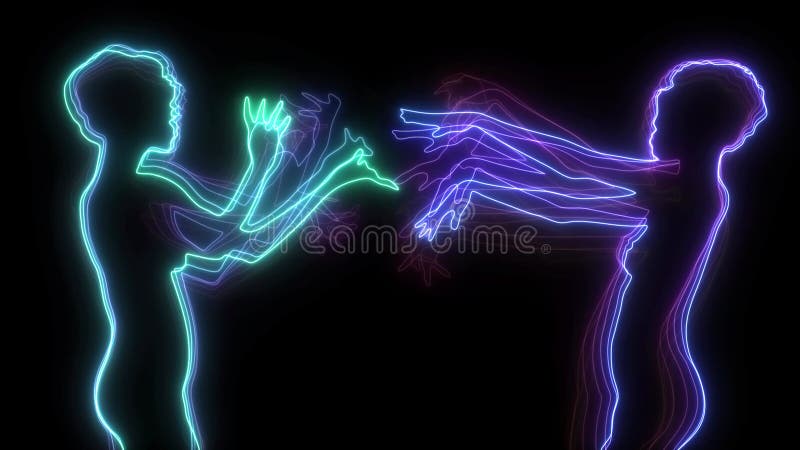 Two Dancing Silhouettes Outlined by Neon Light Trails. Stock Footage ...