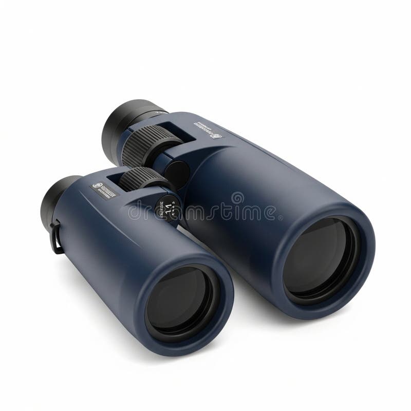 Two Dark Blue Binoculars with Focus Wheels and Lenses on White ...