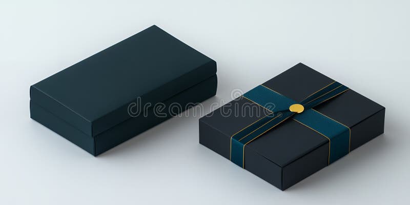 Two Dark Blue Boxes One with a Ribbon and Gold Accent on a White ...