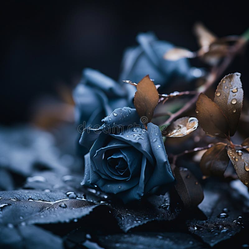 Two Dark Blue Roses with Water Droplets on Them Stock Illustration ...