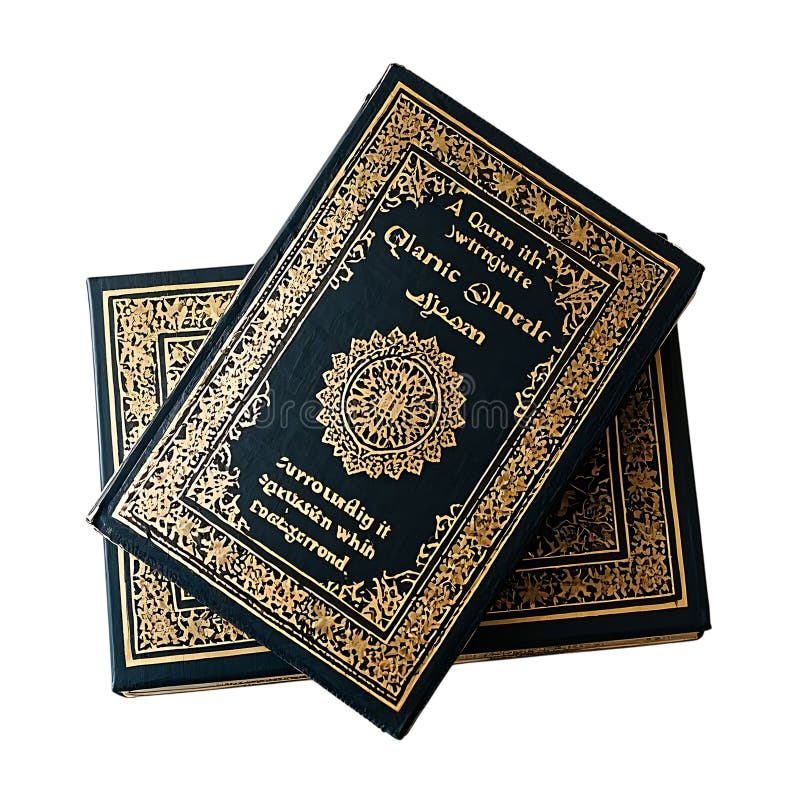 A Stack of Two Dark Books with Gold Ornate Detailing and Islamic Text ...