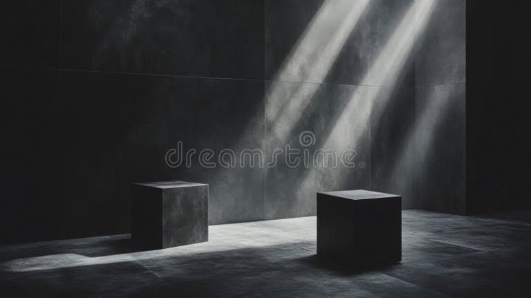 Two Dark Cubes in a Dusty Room Illuminated by Light Beams Stock ...