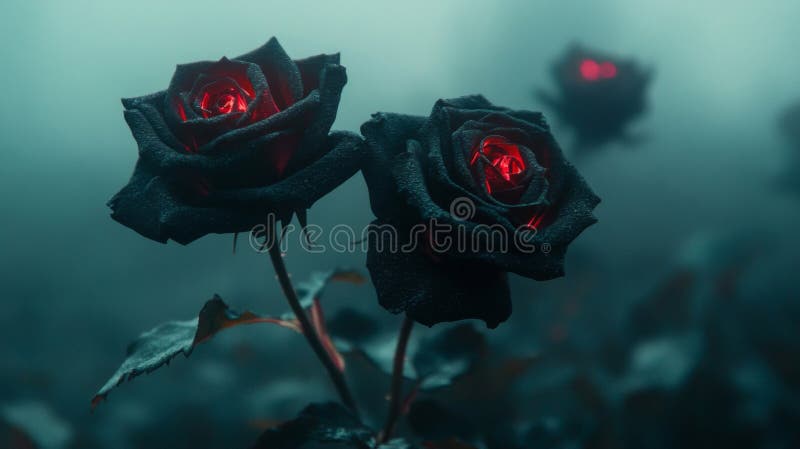 Two Dark Roses Glowing Red in Misty Ambiance Stock Illustration ...