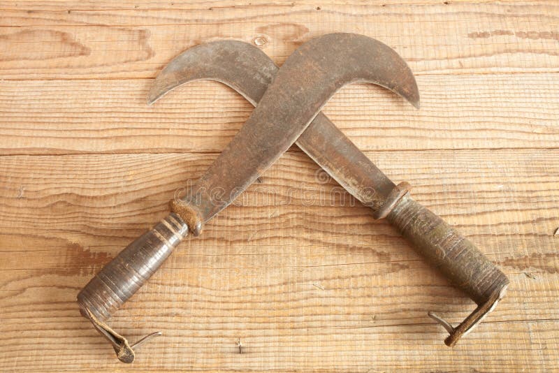 Two Dated and Used Billhooks on Wooden Background Stock Image - Image ...