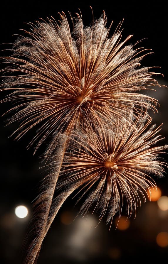 Two Dazzling Fireworks are Brightly Exploding in the Dark Night Sky ...