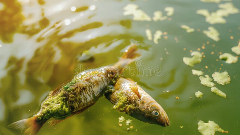 Two Dead Fish Floating on Polluted River Surface Showing Devastating ...