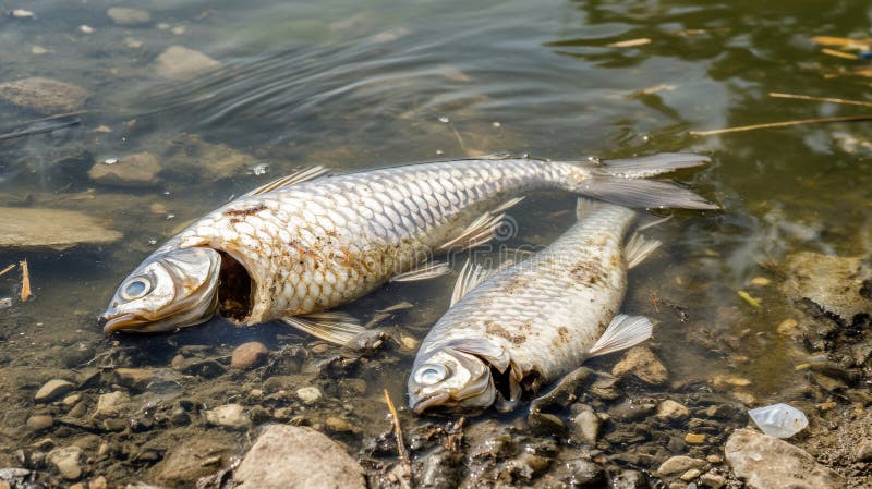 Two Dead Fish in a Shallow Stream with Rocks and Weeds, AI Stock Photo ...