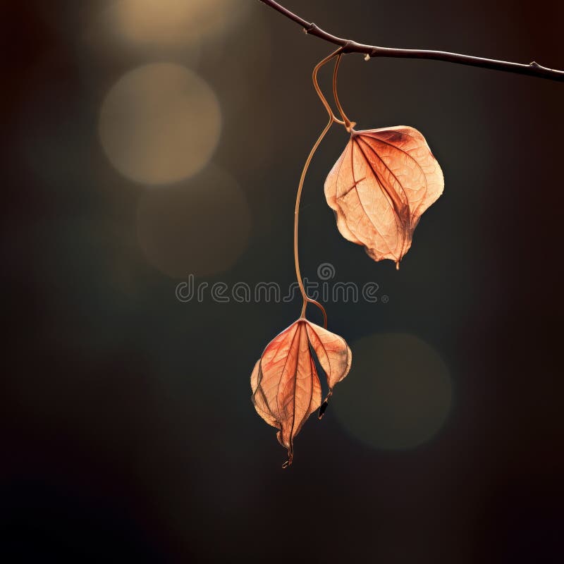 Two Dead Leaves Hanging from a Branch on a Dark Background Stock ...