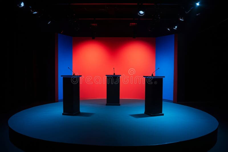 Two Debate Stands Showcased in a Vibrant Black, Red, and Blue Studio ...