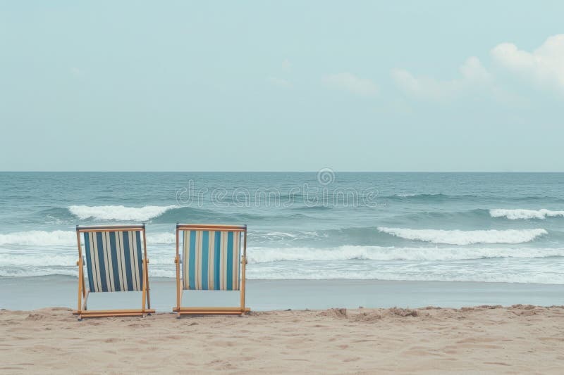 Two Deck Chairs on a Sandy Beach Facing the Sea Stock Image - Image of ...