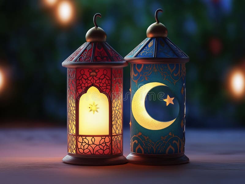 Two Decorative Eid, Ramadan Lanterns Stand on Wooden Surface. Lanterns ...
