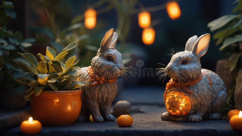 Enchanted Garden Rabbits with Lanterns at Night Stock Illustration ...