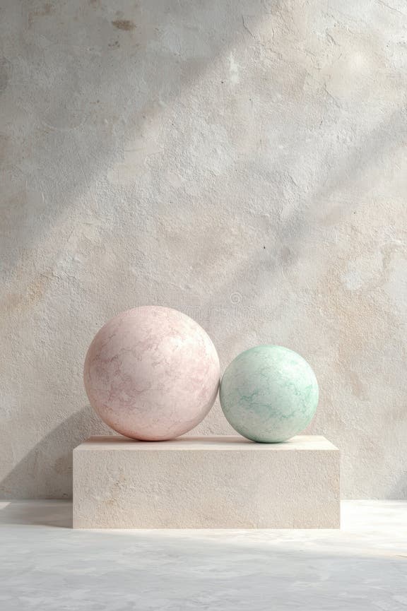 Two Decorative Spheres on a Stone Platform Against a Textured Wall ...