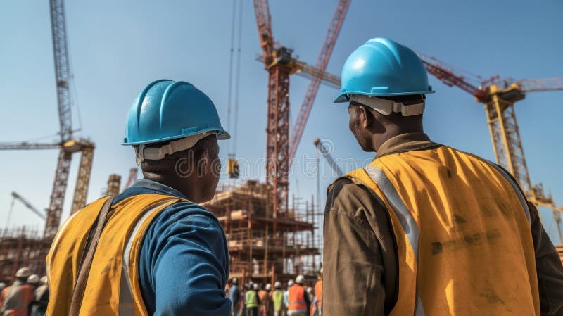 Two Dedicated Workers Overseeing Progress on Busy Construction Site ...
